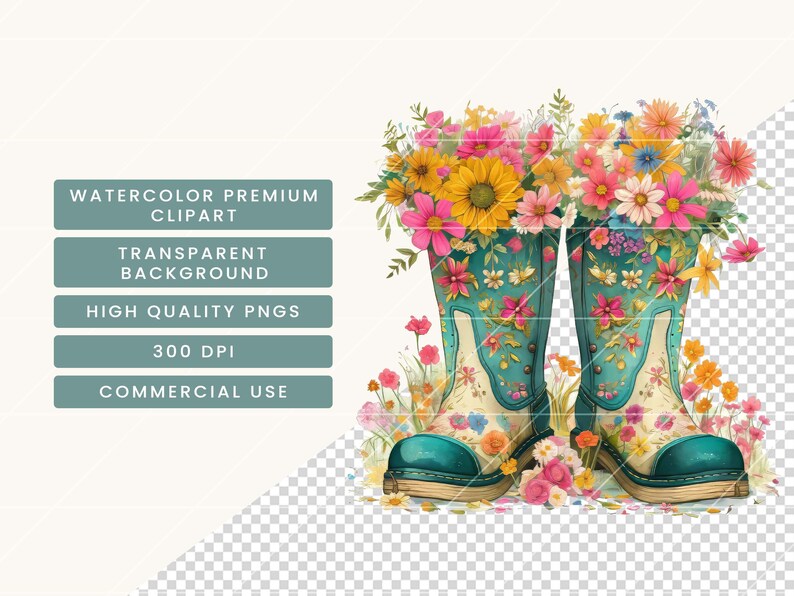 Watercolor Garden Boots Clipart: Floral PNG Bundle (digital Download ...