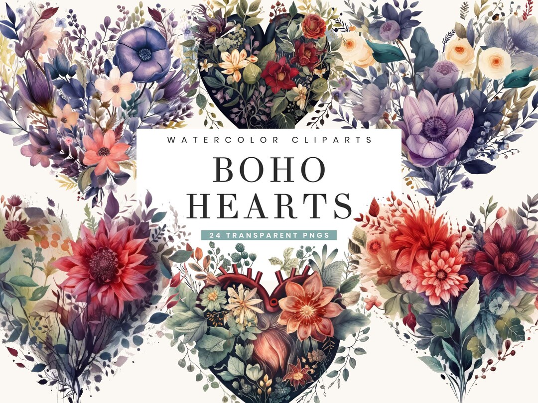 Watercolor Boho Hearts Clipart: 24 PNG Floral Designs (digital Download ...
