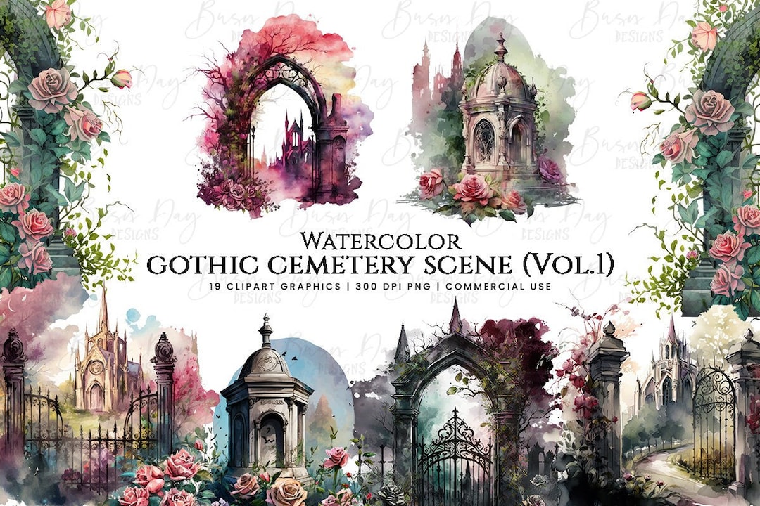 Watercolor Gothic Cemetery Clipart: Palace & Garden Scenes (PNG Digital ...