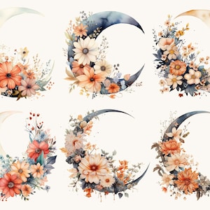 23 Watercolor Floral Moon Clipart Bundle Sublimation Designs Digital ...