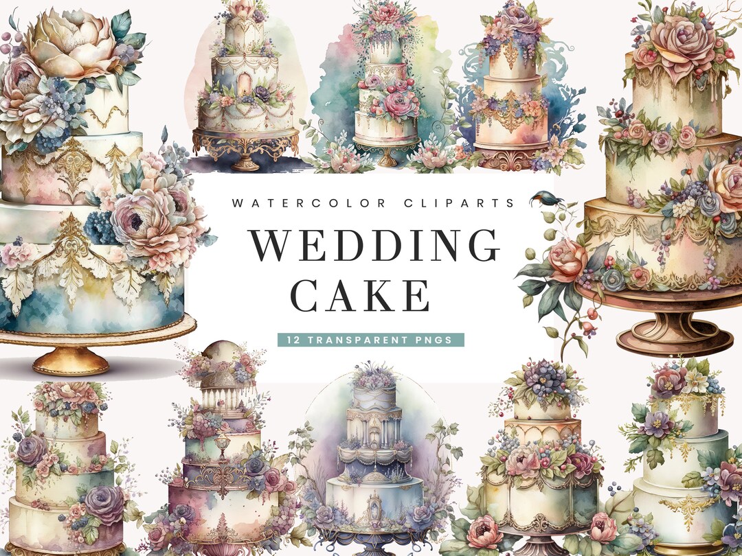12 Wedding Cake Clipart, Wedding Clipart, Floral Cakes, Watercolor ...