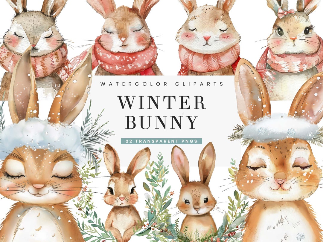 22 Watercolor Winter Bunny Clipart Bundle Sublimation Designs Digital ...