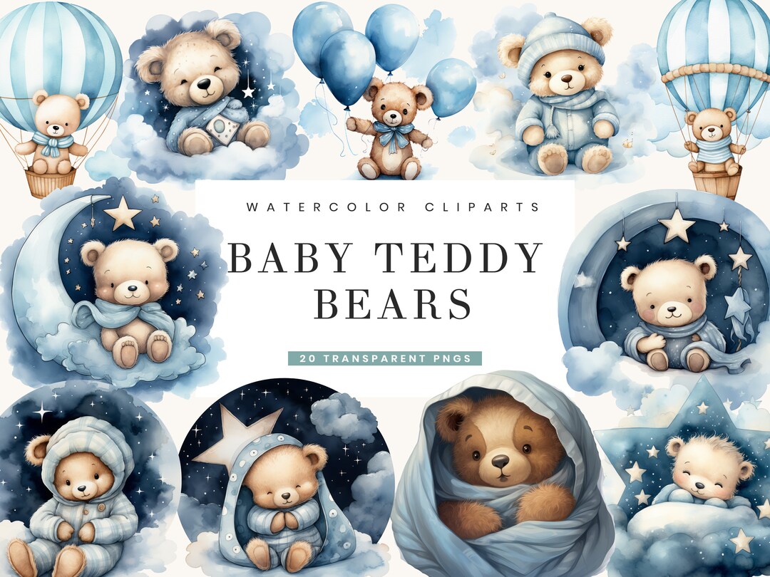 Watercolor Blue Teddy Bear Clipart: Baby Sublimation Designs (digital ...