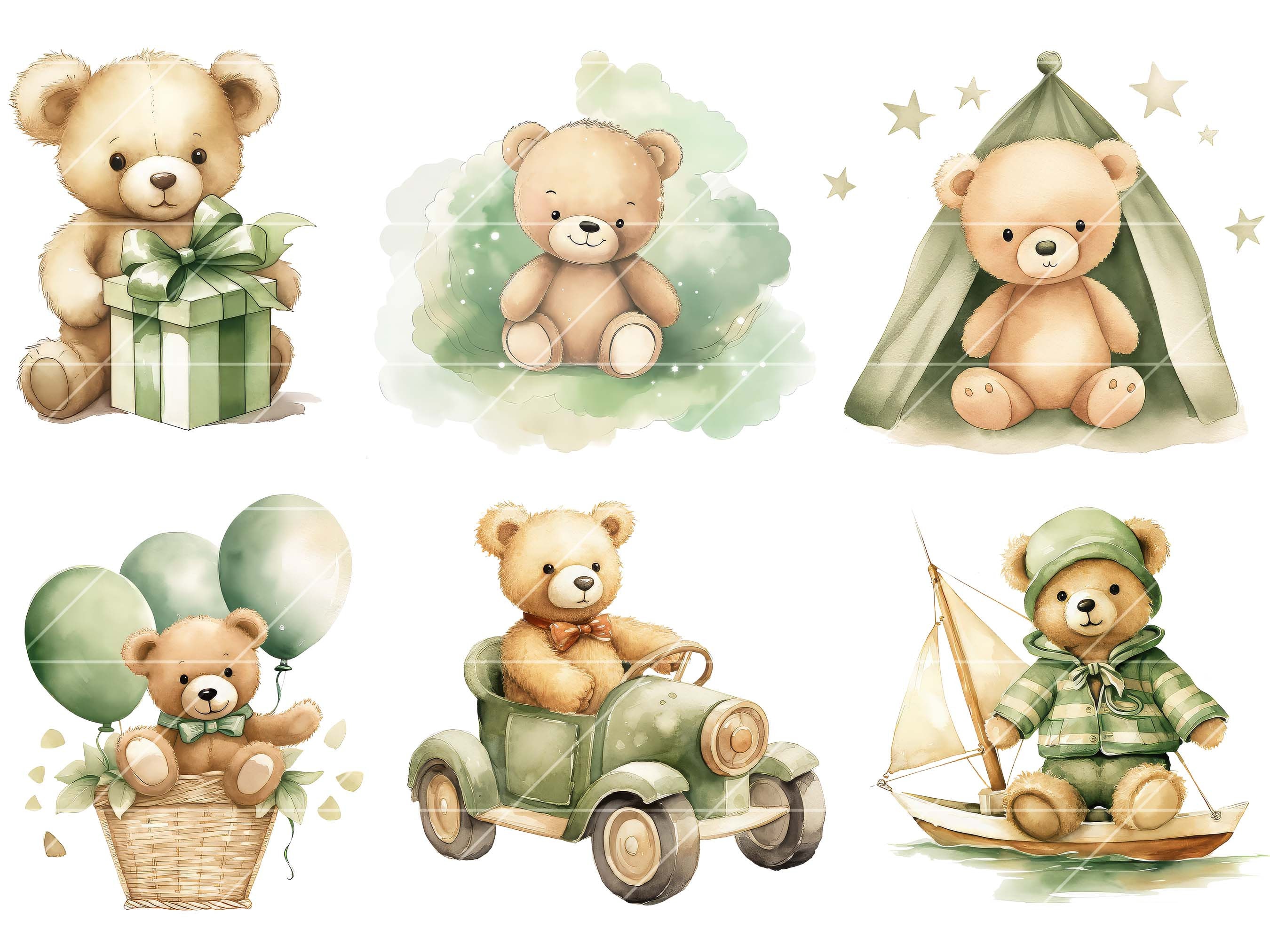 Watercolor Teddy Bear Clipart Bundle: Baby Shower PNG (digital Download ...