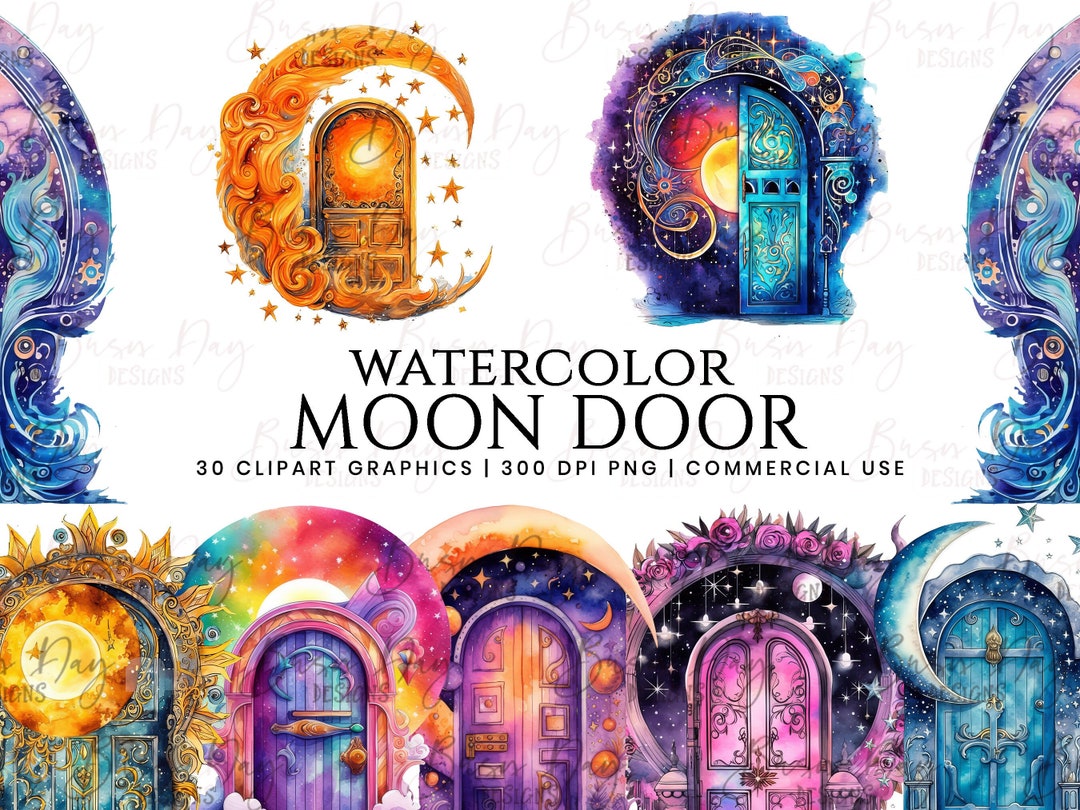 30 Watercolor Moon Doors Clipart Bundle , Commercial Use, Digital ...