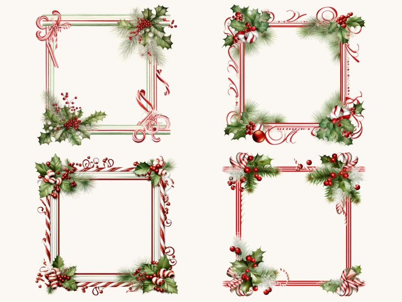 Watercolor Candy Cane Pine Borders Clipart: Christmas Frames (PNG ...