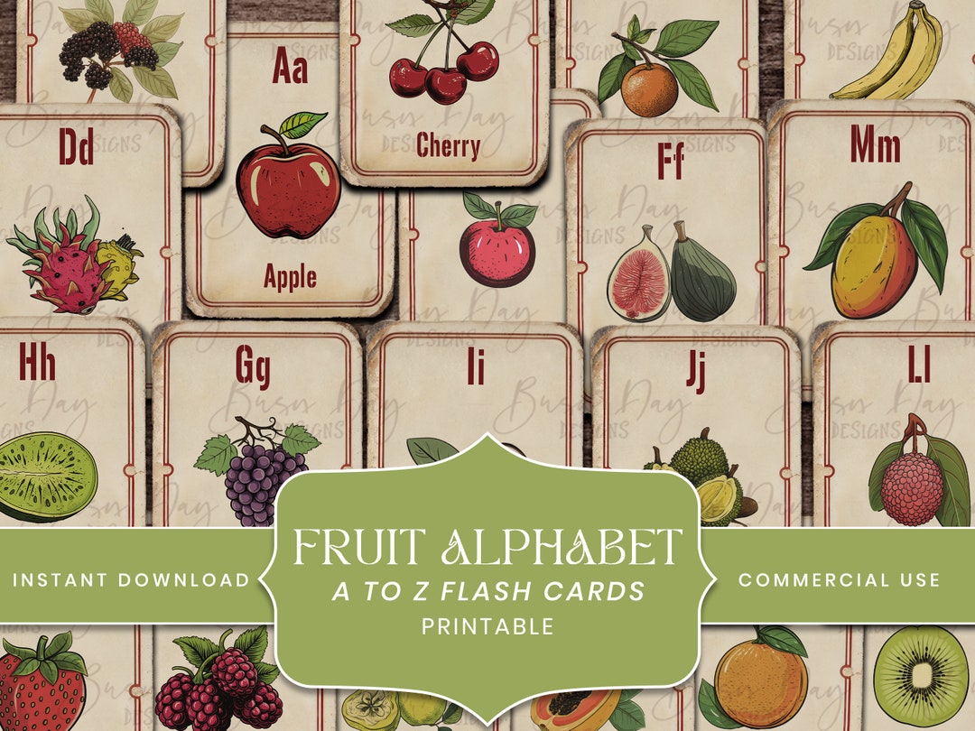 A to Z Alphabet Fruits Flash Card Instant Download, Printable Card ...