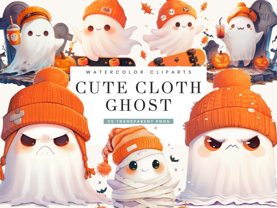 25 Watercolor Cute Cloth Ghost Clipart Bundle Sublimation Designs ...