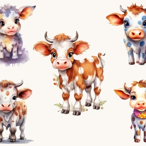 23 Watercolor Cute Baby Cartoon Cow Clipart Bundle, Digital Download ...