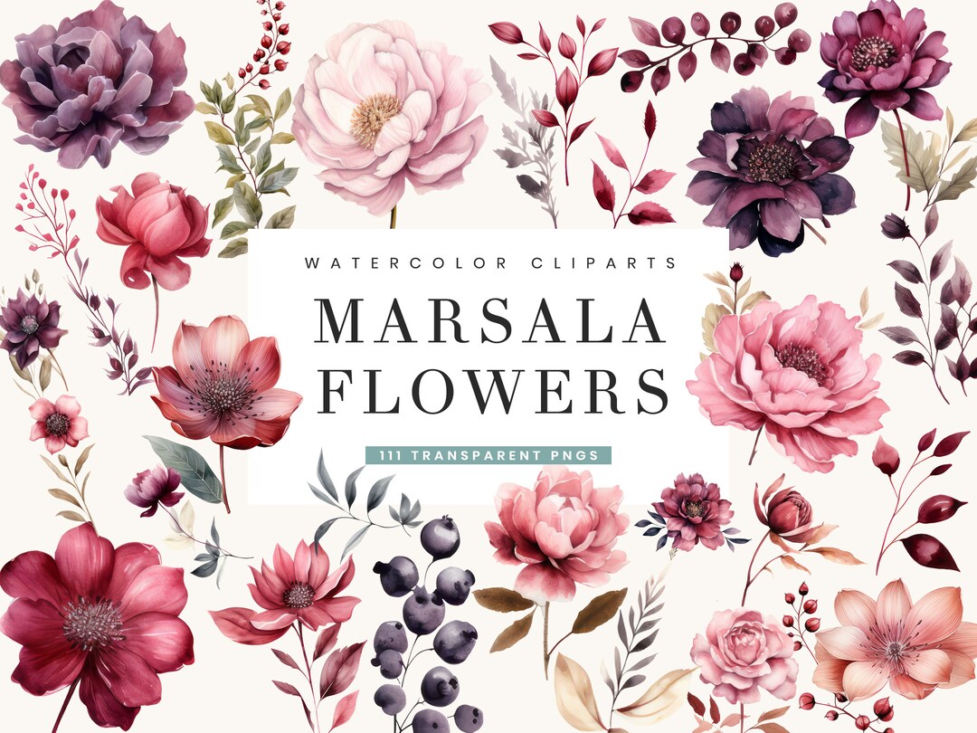 111 Watercolor Marsala Flowers Clipart Bundle Commercial Use, Digital ...