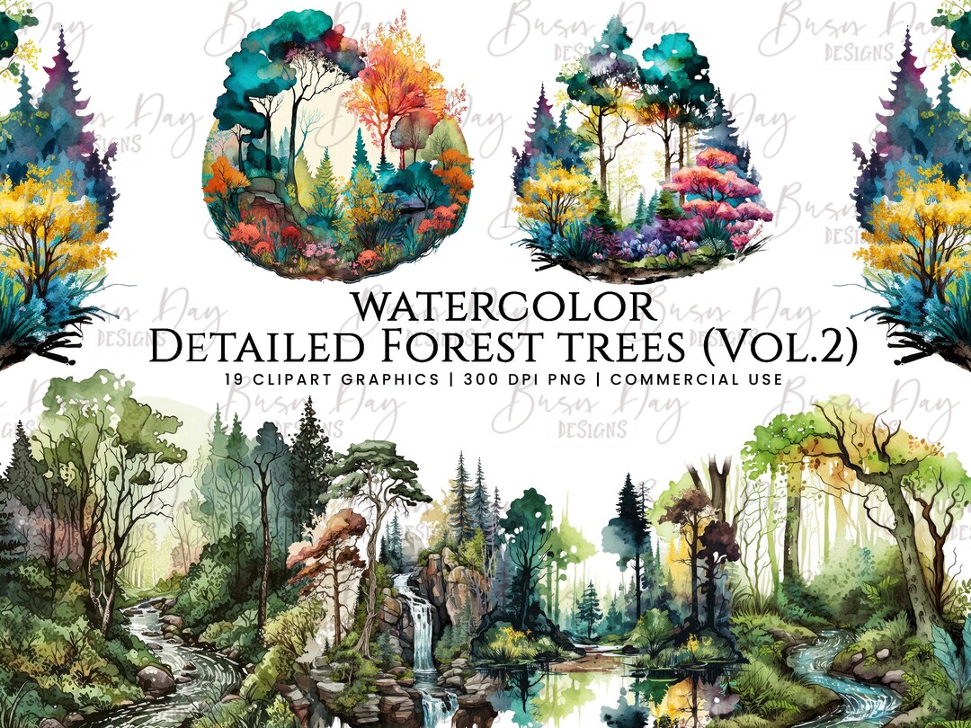 Watercolor Forest Trees Vol 2 Clipart Bundle, Digital Download, Digital ...