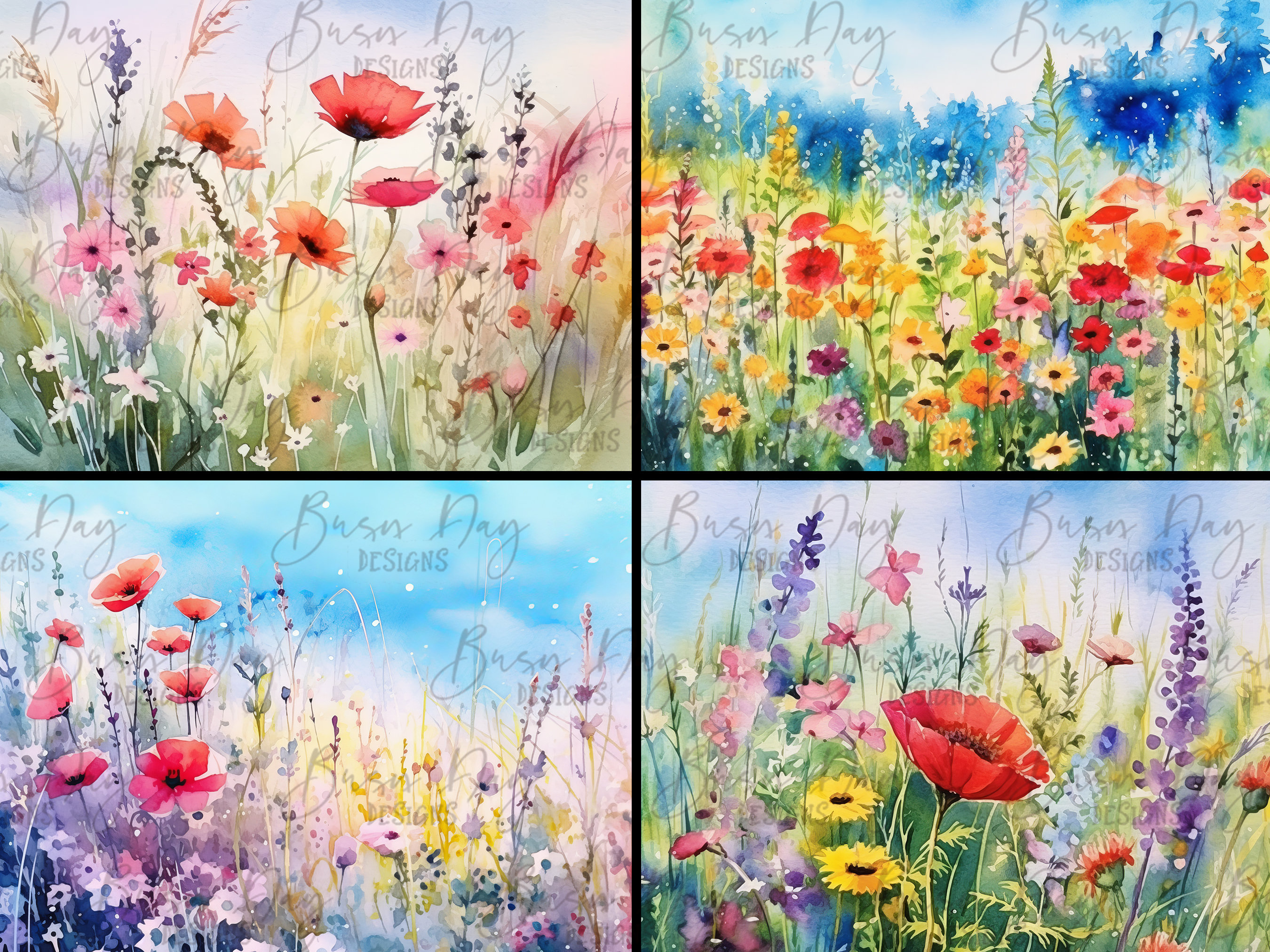 Watercolor Wildflower Field Background Graphics: 24 PNG Clipart ...