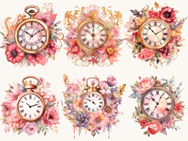 Watercolor Ornate Clocks Clipart Bundle: 29 PNG Designs (digital ...