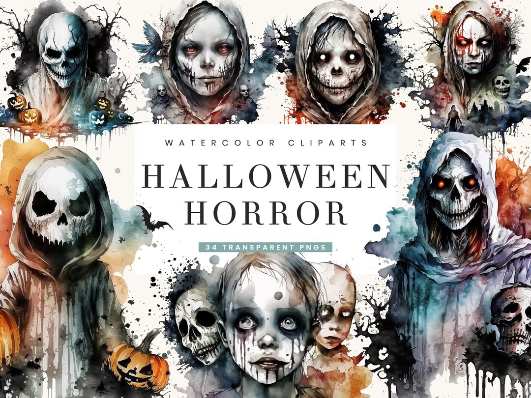 34 Watercolor Creepy Halloween Horror Clipart Bundle Digital Download ...