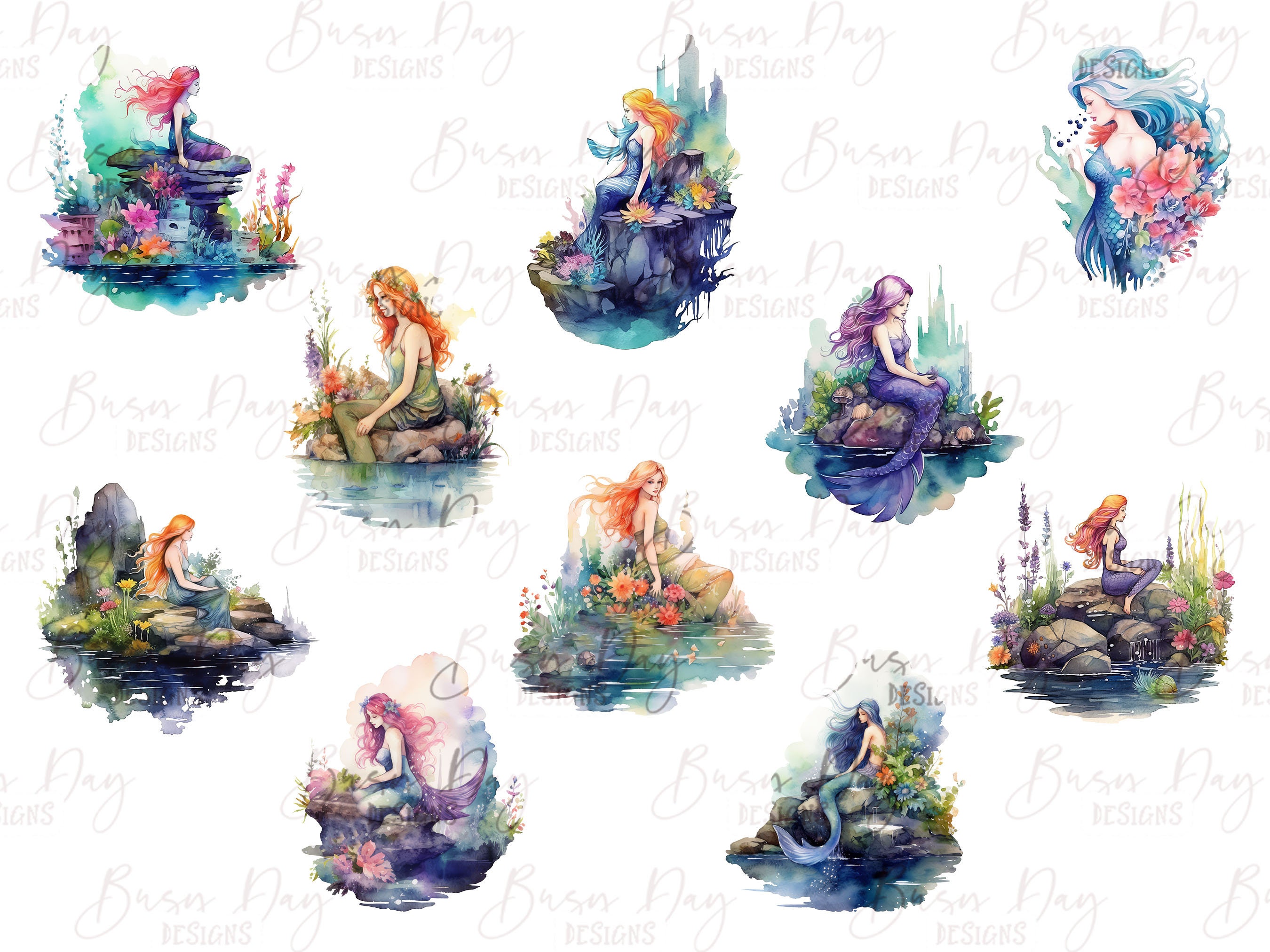Watercolor Mermaid Clipart Bundle: 30 PNG Graphics (digital Download ...