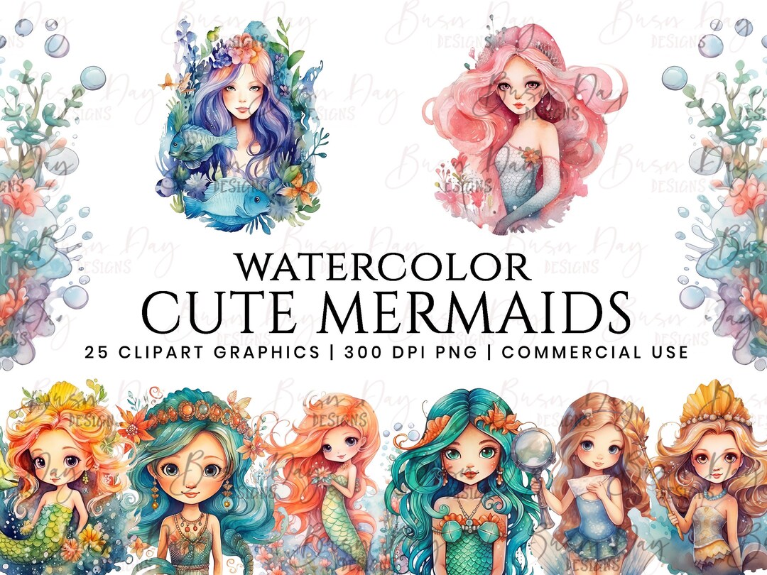 25 Watercolor Cute Mermaid Clipart , Clipart Bundle, Commercial Use ...