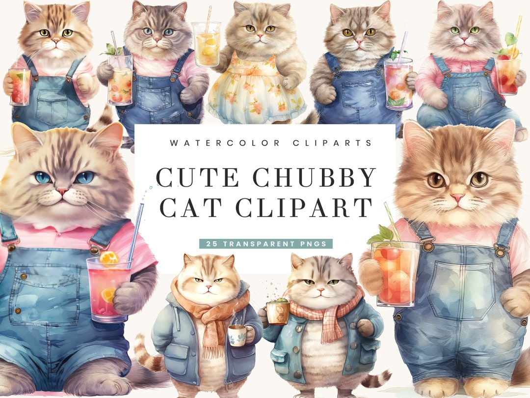 25 Watercolor Cute Chubby Cat Png Designs Clipart Bundle, Sublimation ...