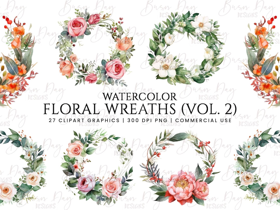 Watercolor Floral Wreaths Vol 2 Clipart, Clipart Bundle, Commercial Use ...