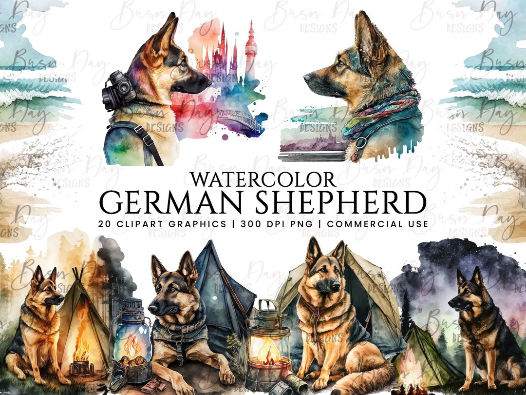 20 Watercolor German Shepherd Clipart Digital Download - Card Making ...