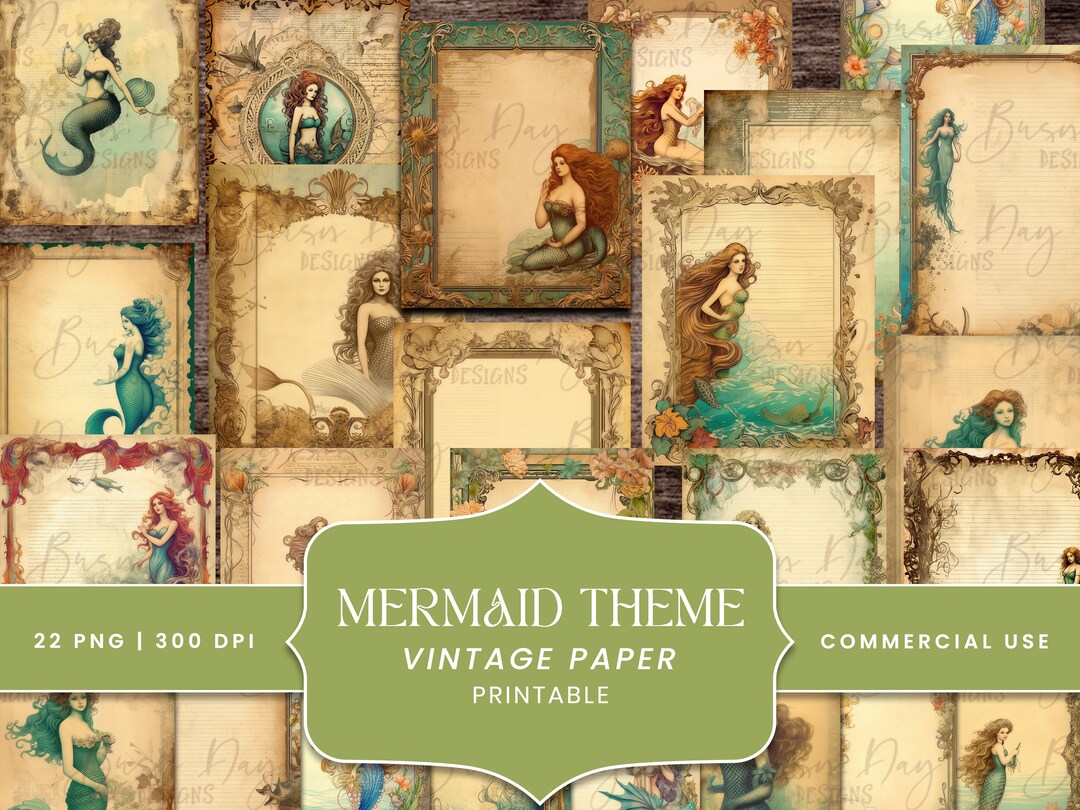 Mermaid Theme Vintage Paper: Digital Scrapbook Prints (digital Download ...