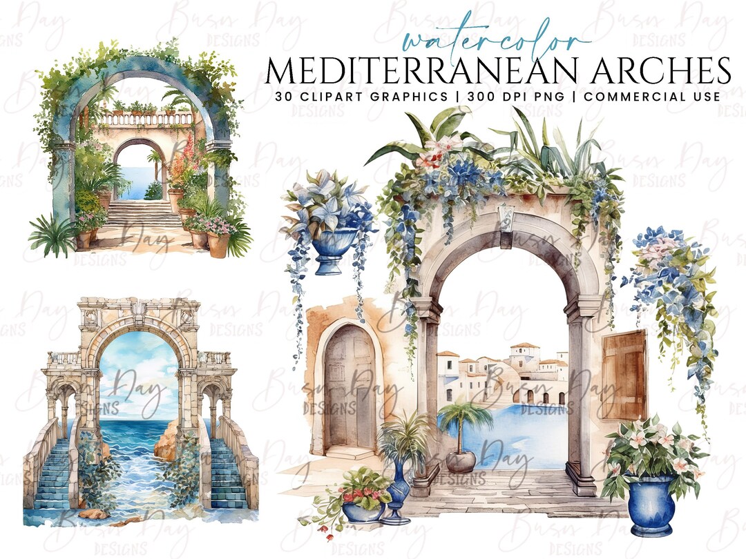 Watercolor Mediterranean Arches Clipart Bundle, Sublimation Designs ...
