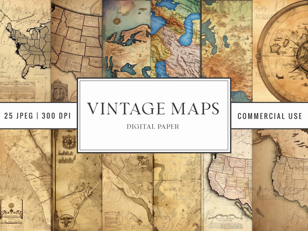 25 Vintage Maps Digital Paper Pack Junk Journal, Digital Download ...