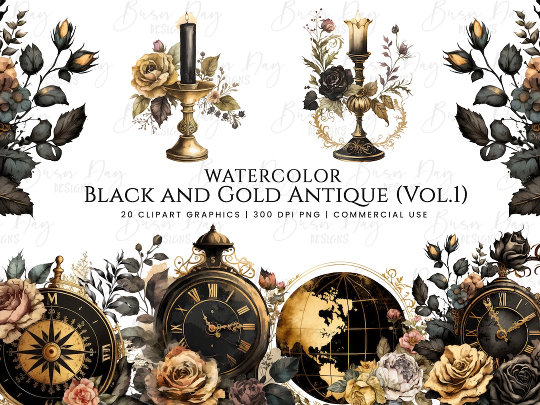 Watercolor Black and Gold Antique Clipart Bundle (digital Download) - Etsy