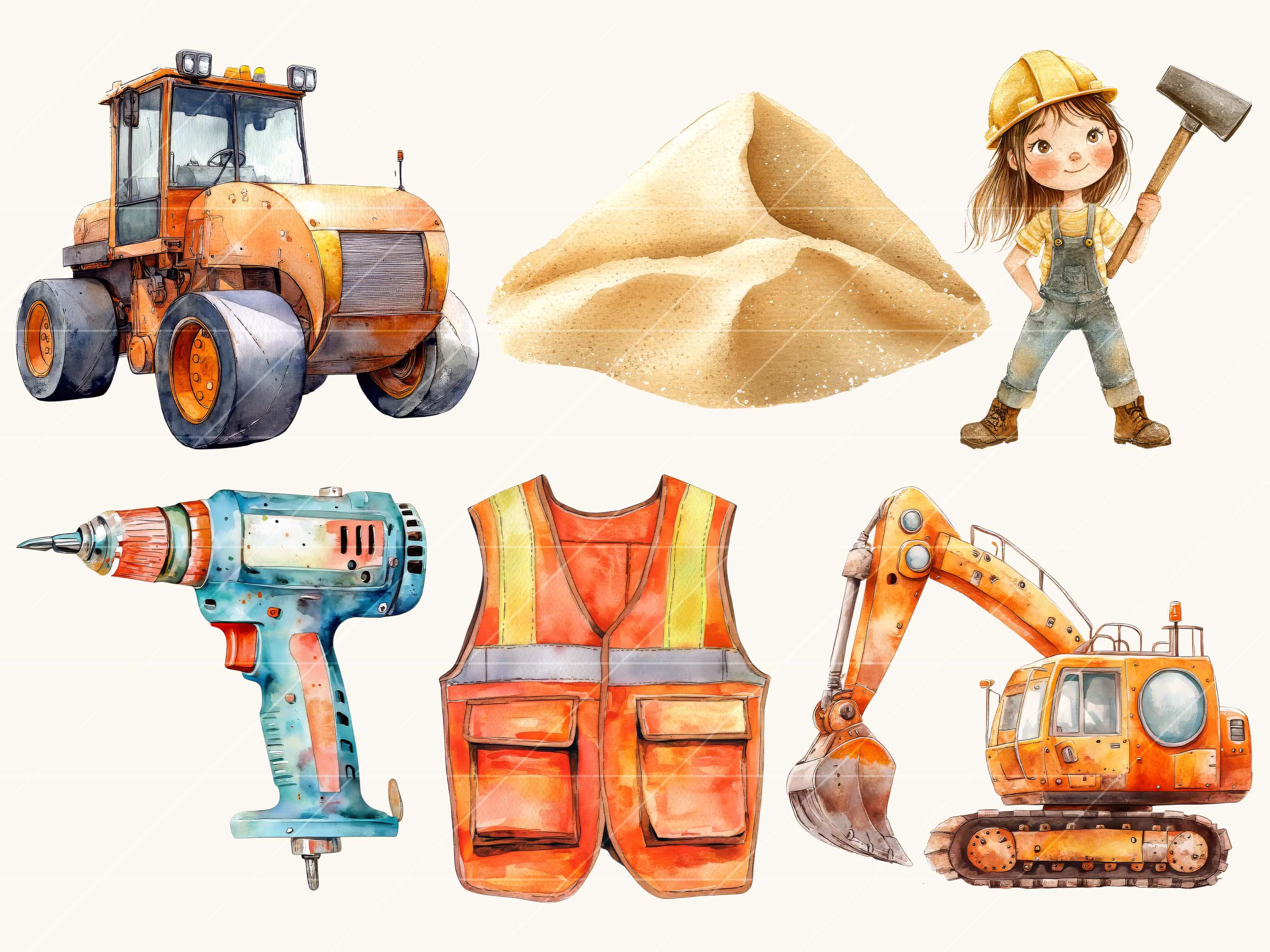 Watercolor Construction Clipart Bundle: 32 PNG Designs (digital ...