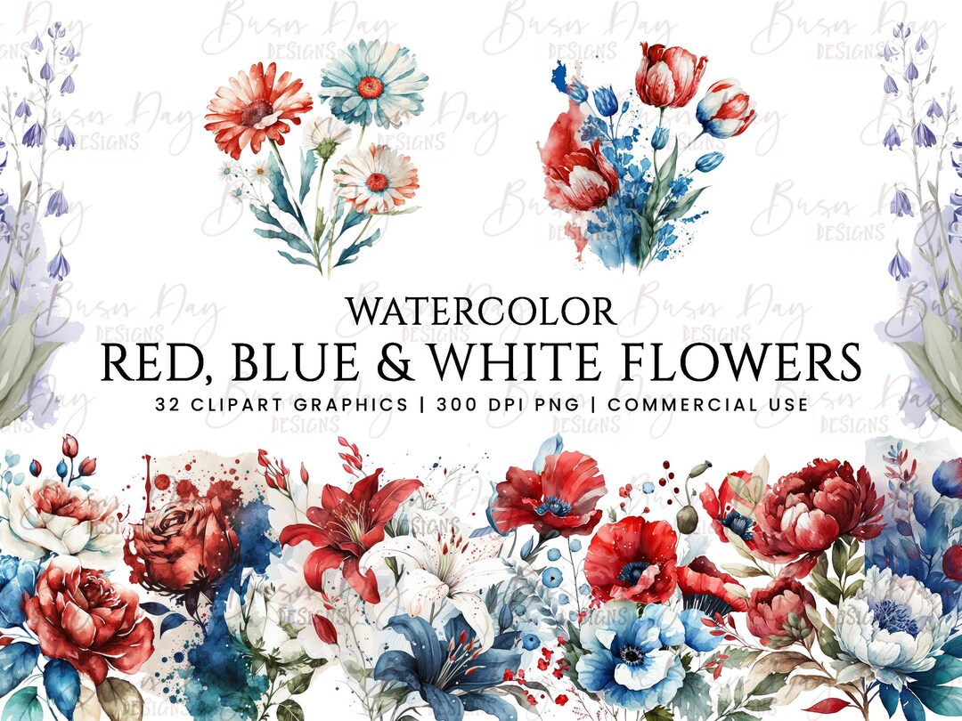 Watercolor Red, Blue and White Flowers Clipart Bundle, Digital Download ...