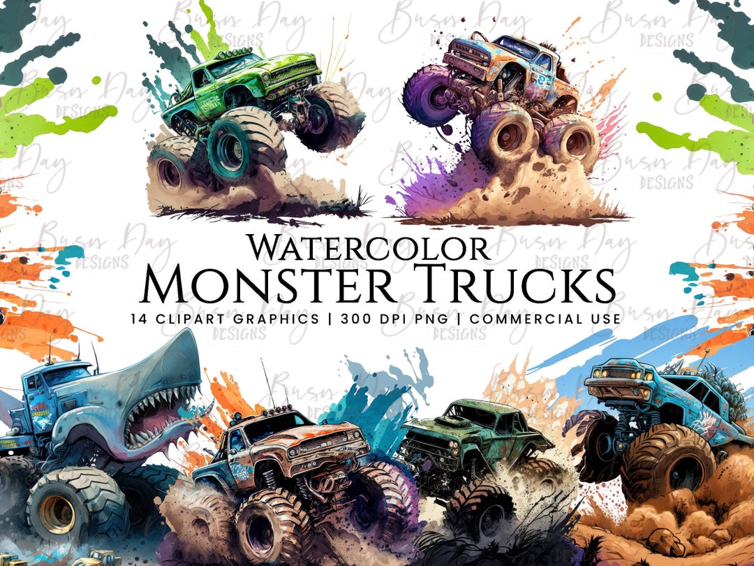 14 Watercolor Monster Truck Clipart, Digital Download, Digital Paper ...