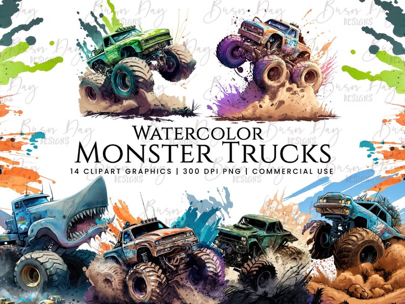 Watercolor Monster Truck Clipart: 14 PNG Designs (digital Download) - Etsy