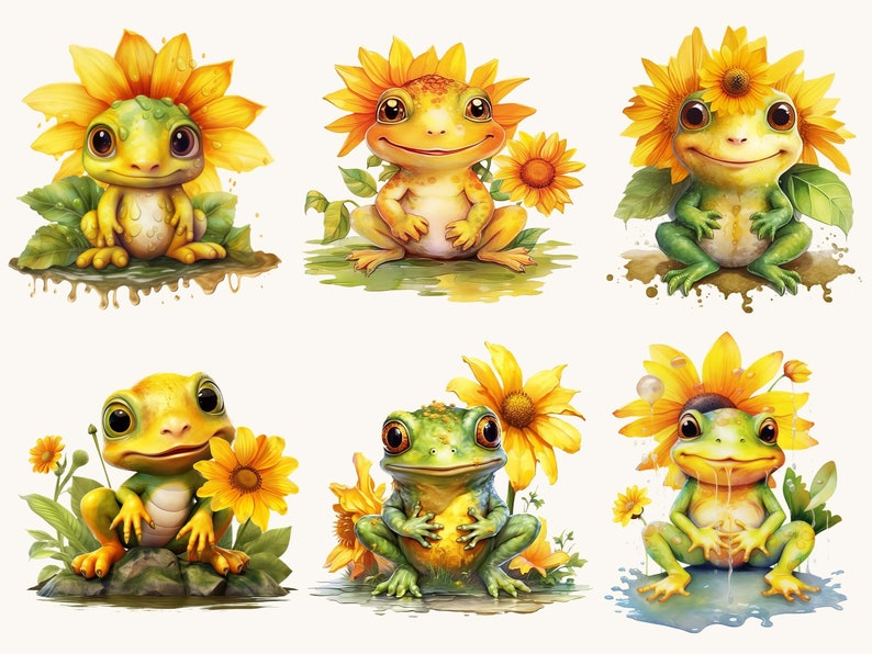 Watercolor Baby Frog Sunflower Clipart Bundle (digital Download) - Etsy