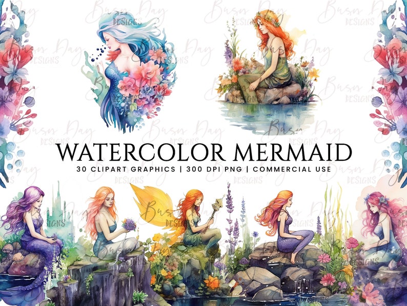 Watercolor Mermaid Clipart Bundle: 30 PNG Graphics (digital Download ...