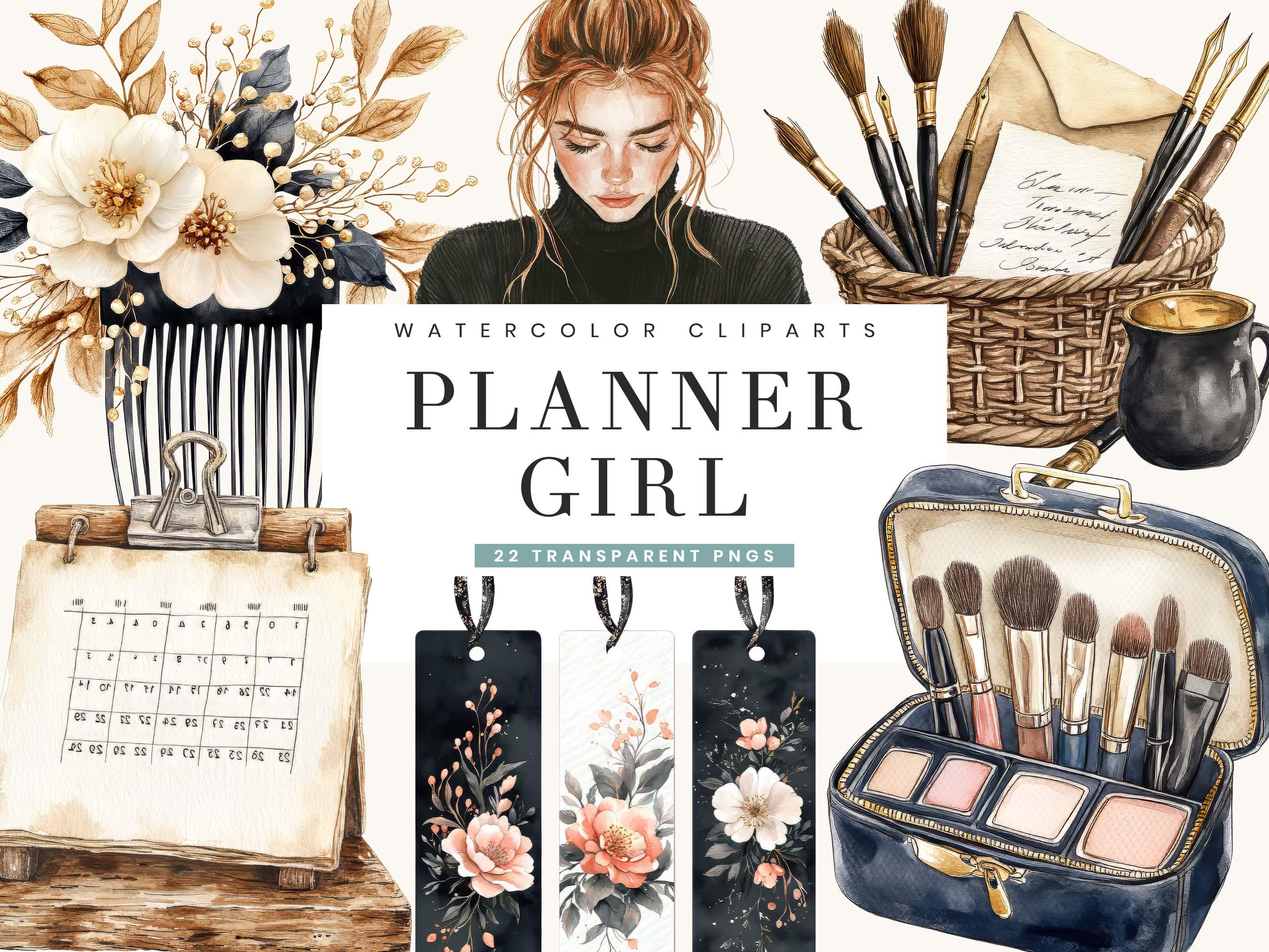 Watercolor Planner Girl Clipart Bundle: 22 PNG Files (digital Download ...
