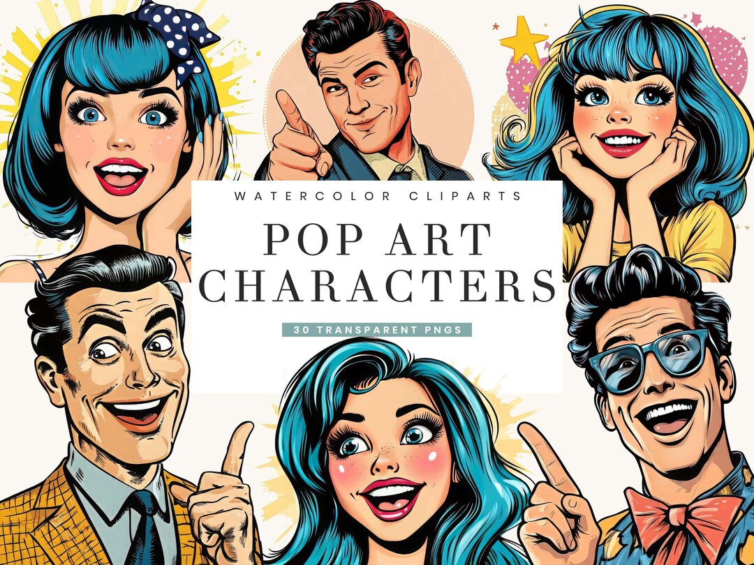 Pop Art Characters Clipart: 30 PNG Watercolor Designs (digital Download ...