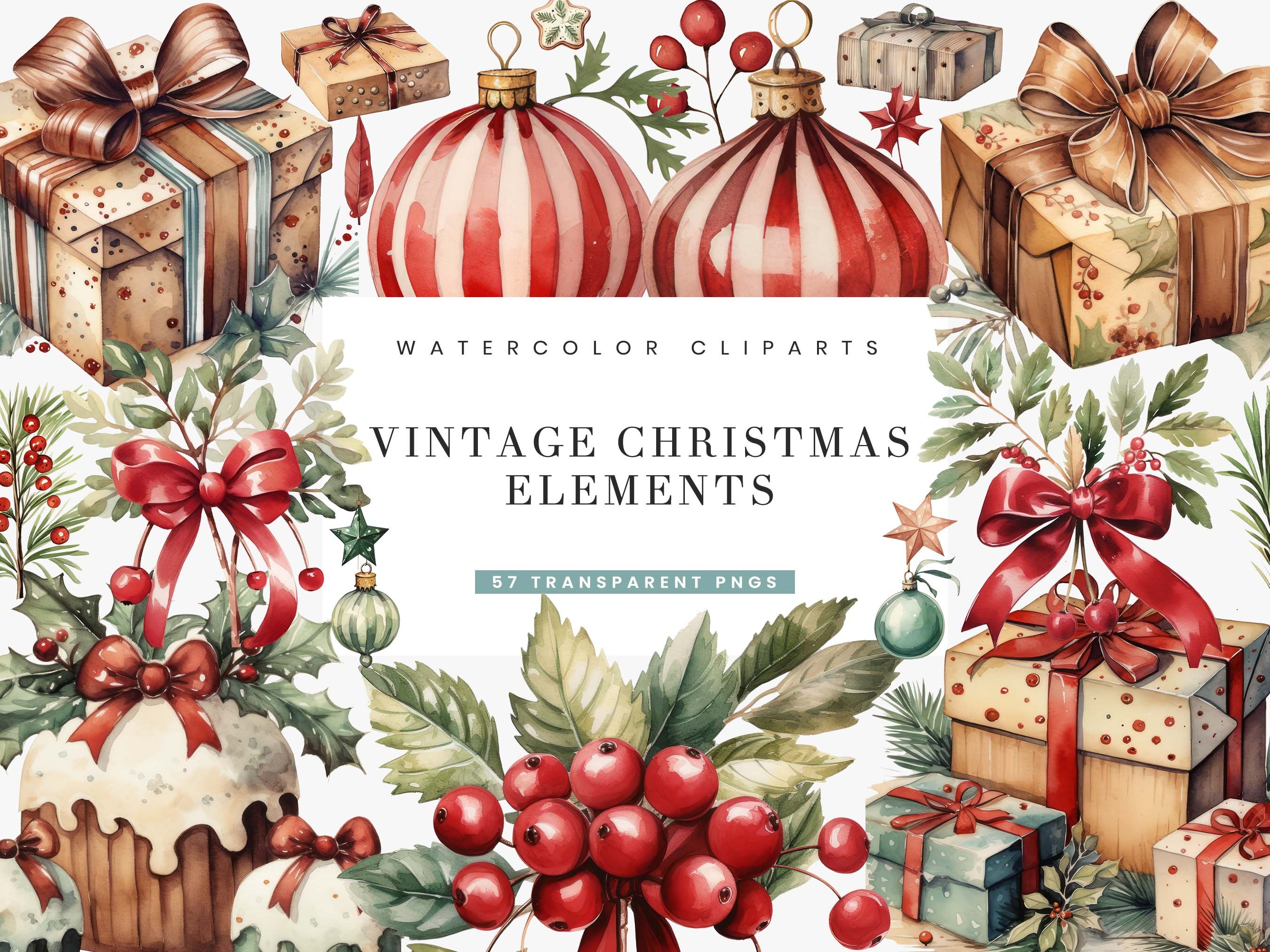 Watercolor Vintage Christmas Clipart Bundle: 57 PNG Designs (digital ...