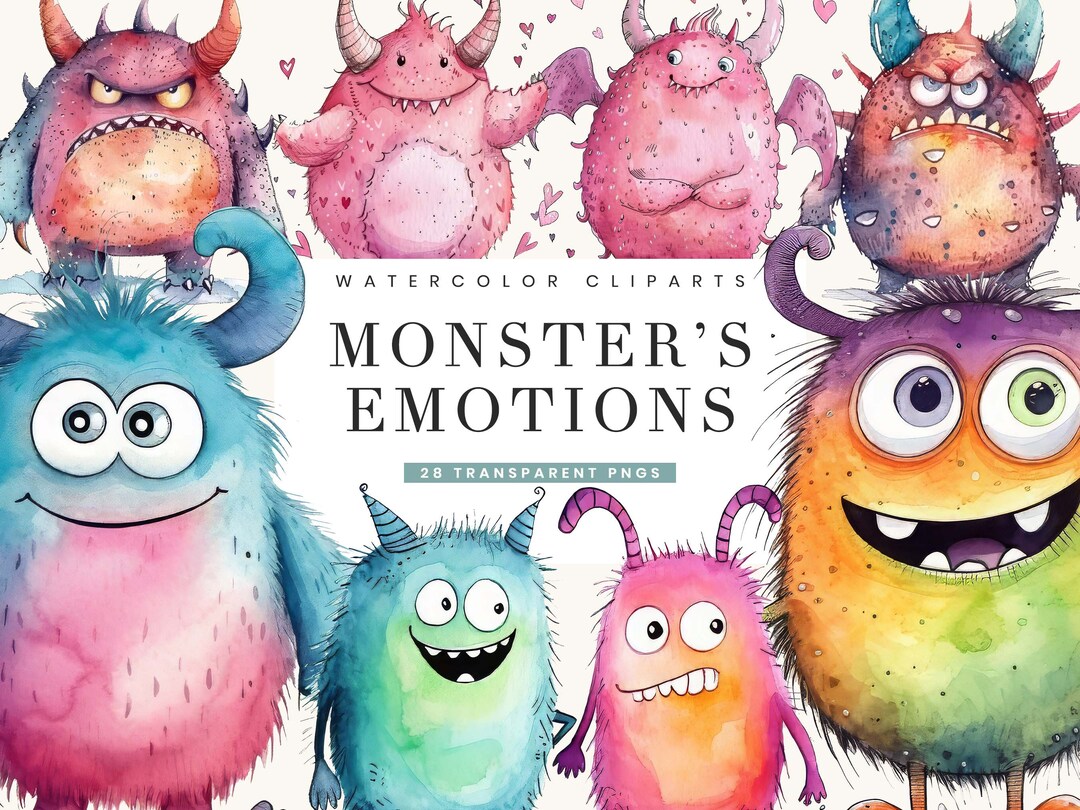 28 Watercolor Monsters Emotional Clipart Bundle Sublimation Designs ...
