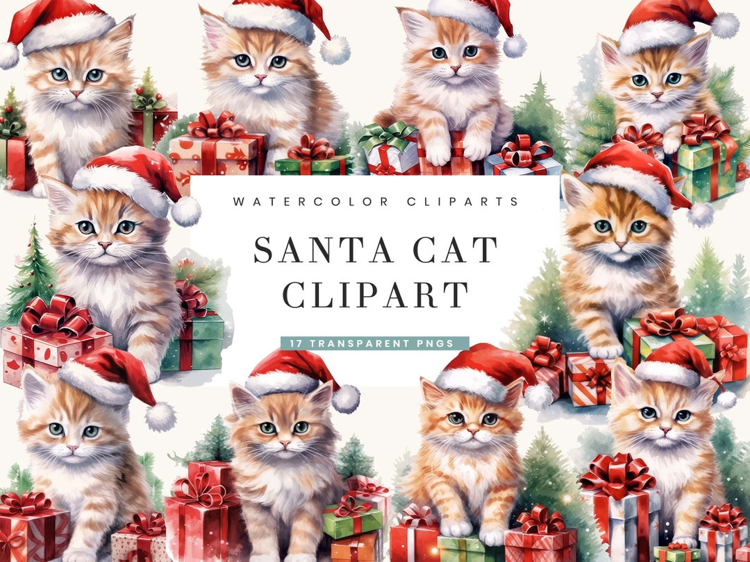17 Watercolor Santa Cat Clipart Bundle Sublimation Designs Digital ...