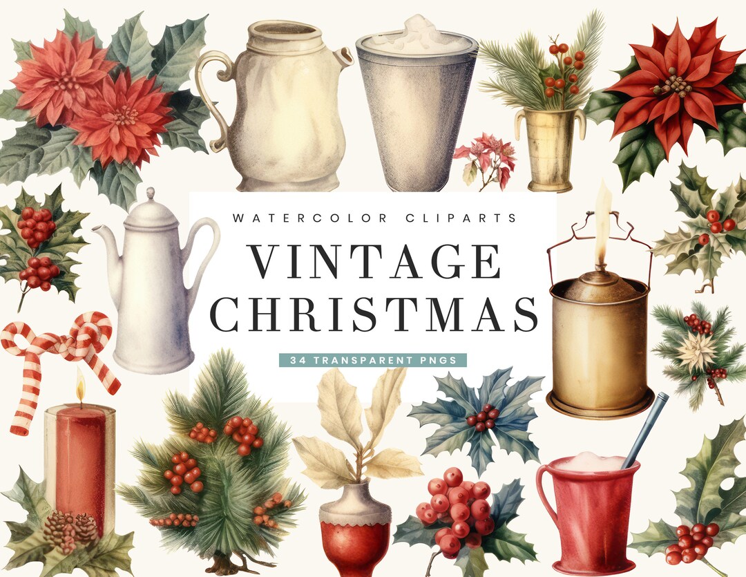 34 Watercolor Vintage Christmas Clipart Bundle Digital Download ...