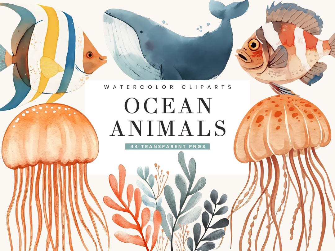 44 Watercolor Ocean Animals Clipart Bundle Sublimation Designs Digital ...