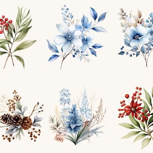 Watercolor Winter Floral Clipart: Botanical PNG Bundle (digital ...