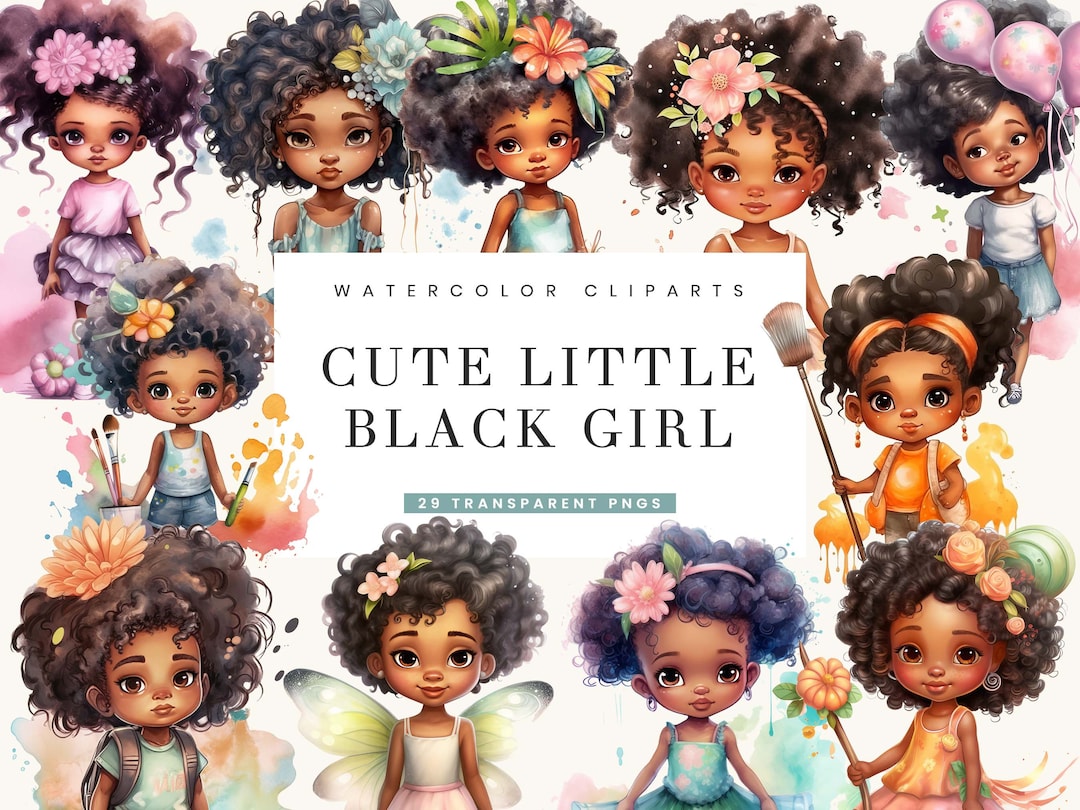 29 Watercolor Cute Little Black Girl Clipart Bundle , Watercolor ...