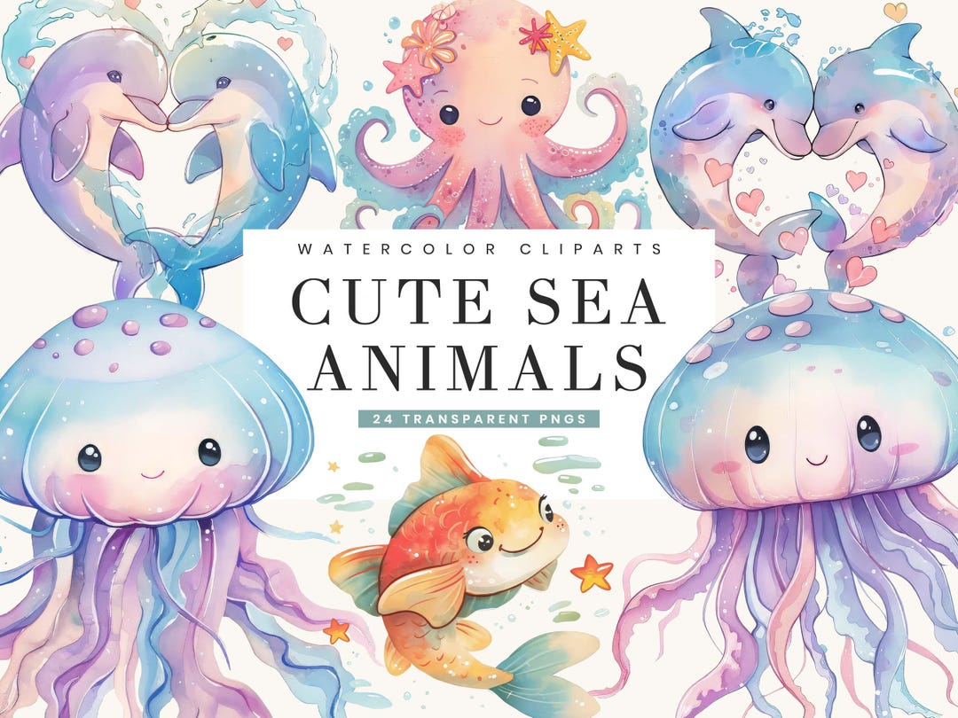 24 Watercolor Cute Sea Animals Clipart Bundle Sublimation Designs ...