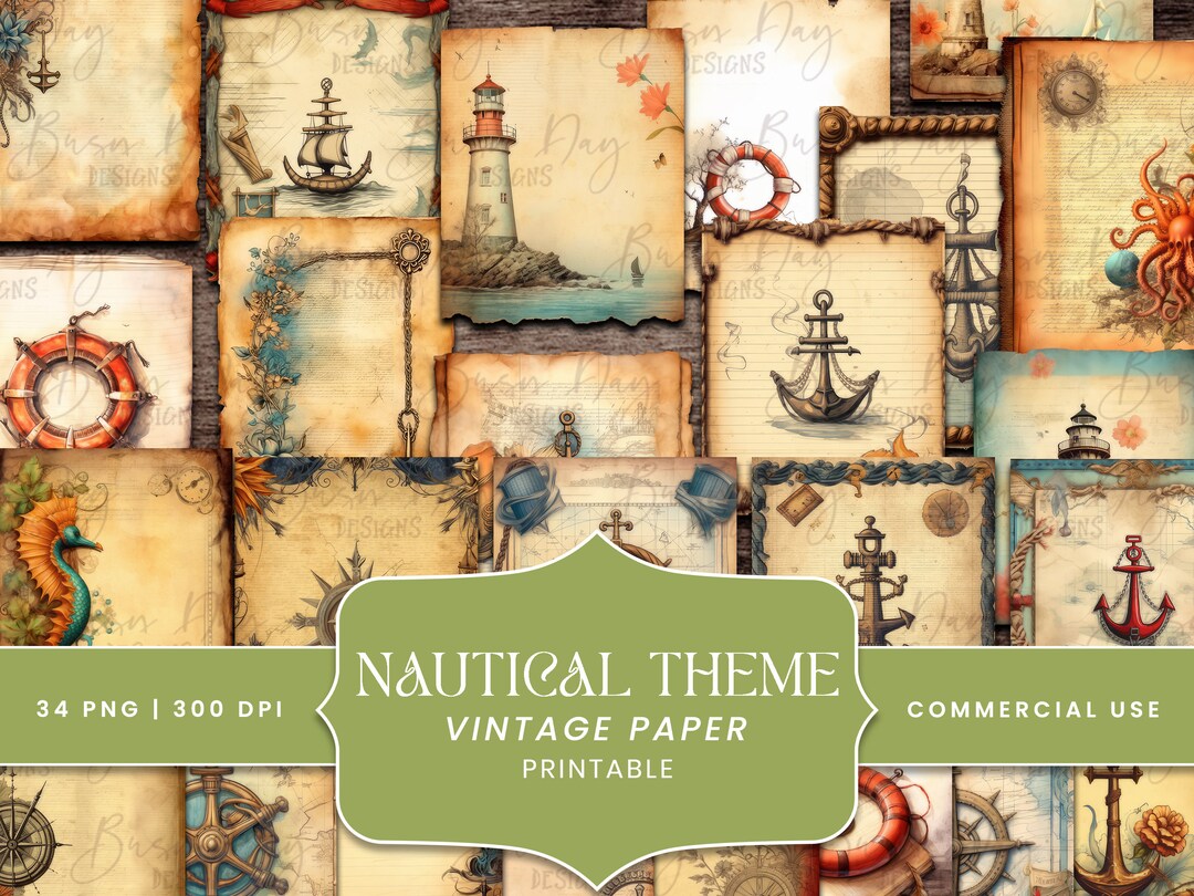 34 Nautical Theme Vintage Paper Bundle, Digital Scrapbooking, Digital ...
