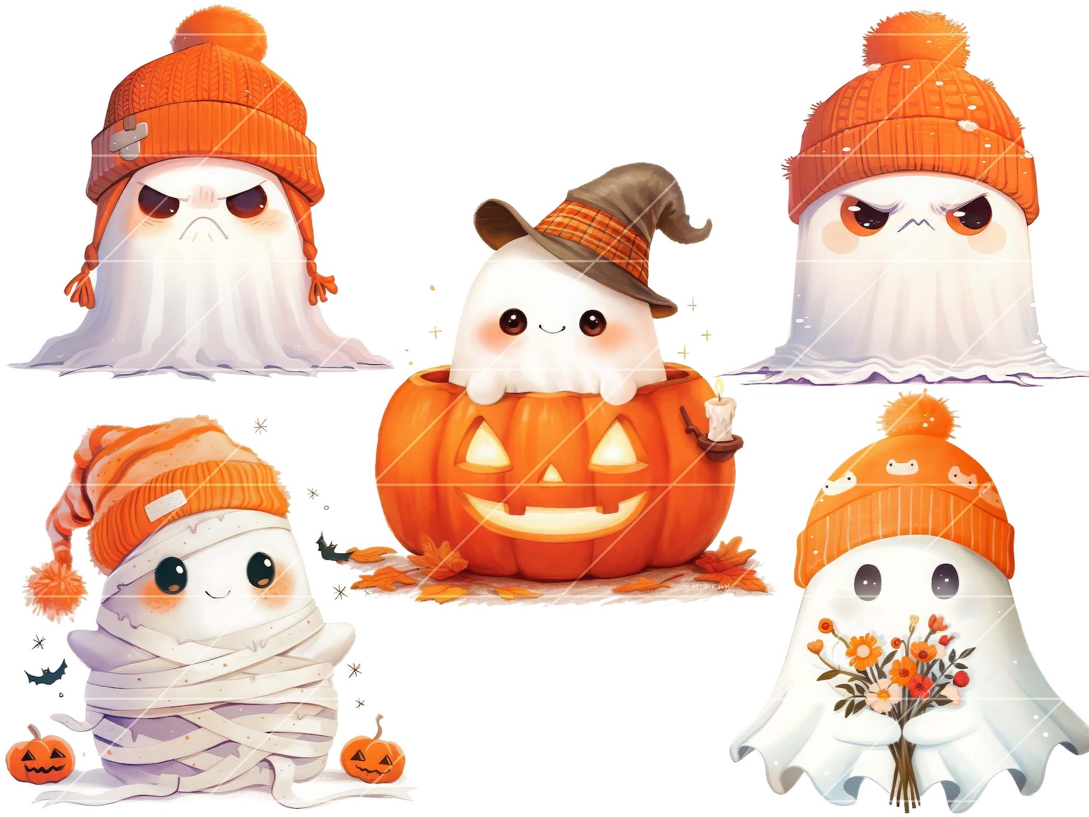 25 Watercolor Cute Cloth Ghost Clipart Bundle Sublimation Designs ...