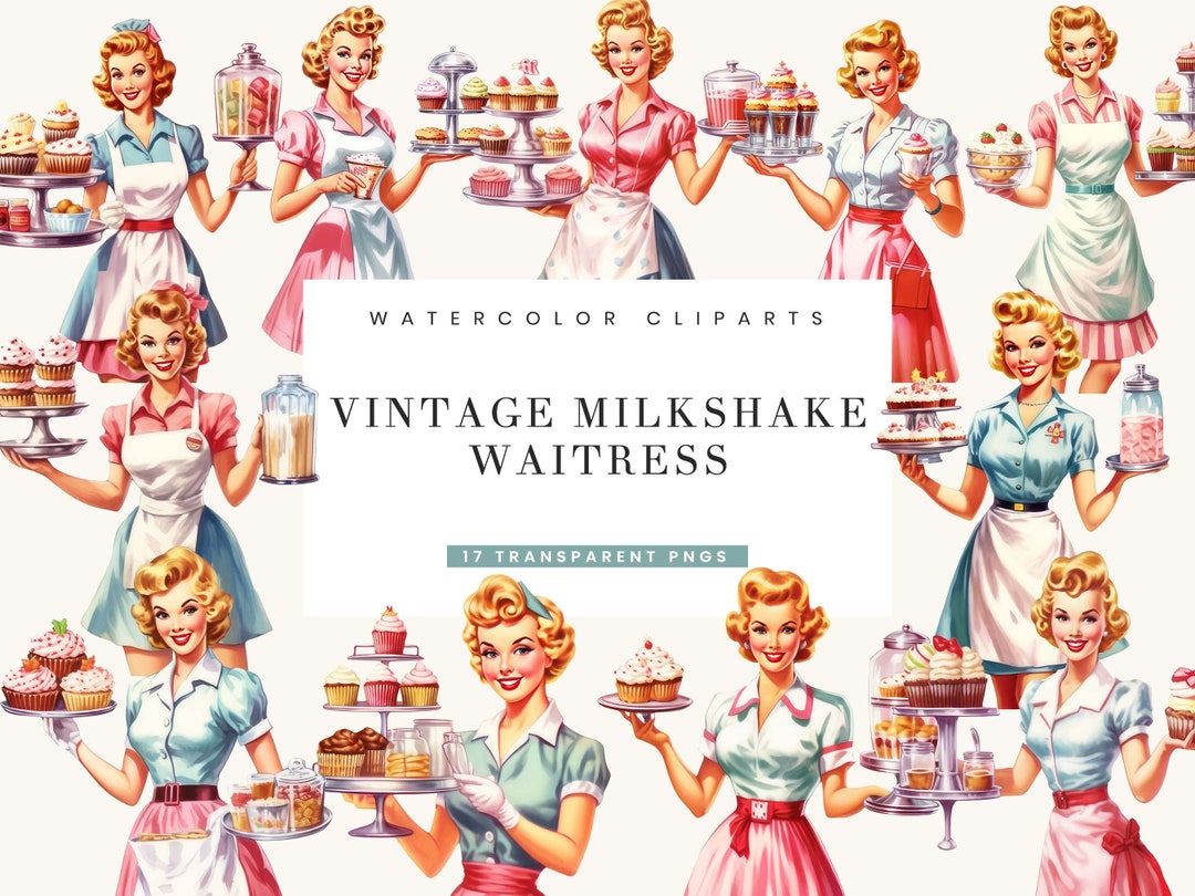 Watercolor Milkshake Waitress Clipart Bundle: Vintage Designs (digital ...
