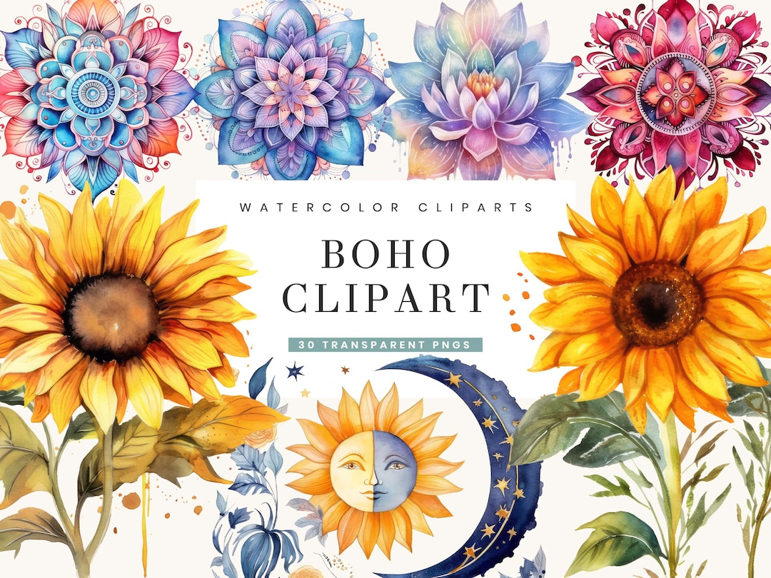 30 Watercolor Boho Clipart Bundle, Digital Download, Sublimation ...