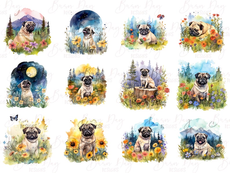 Watercolor Playful Pug Clipart Bundle (digital Download) - Etsy