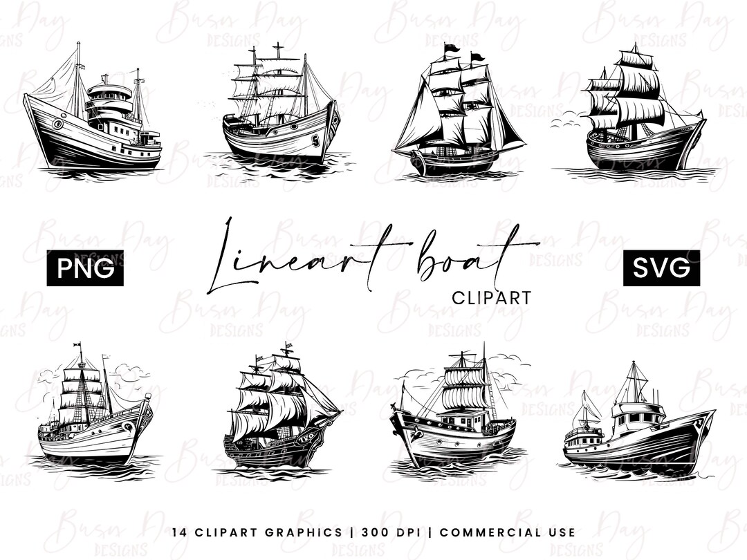 Line Art Boat Clipart Bundle Png Designs Digital Download, Instant ...