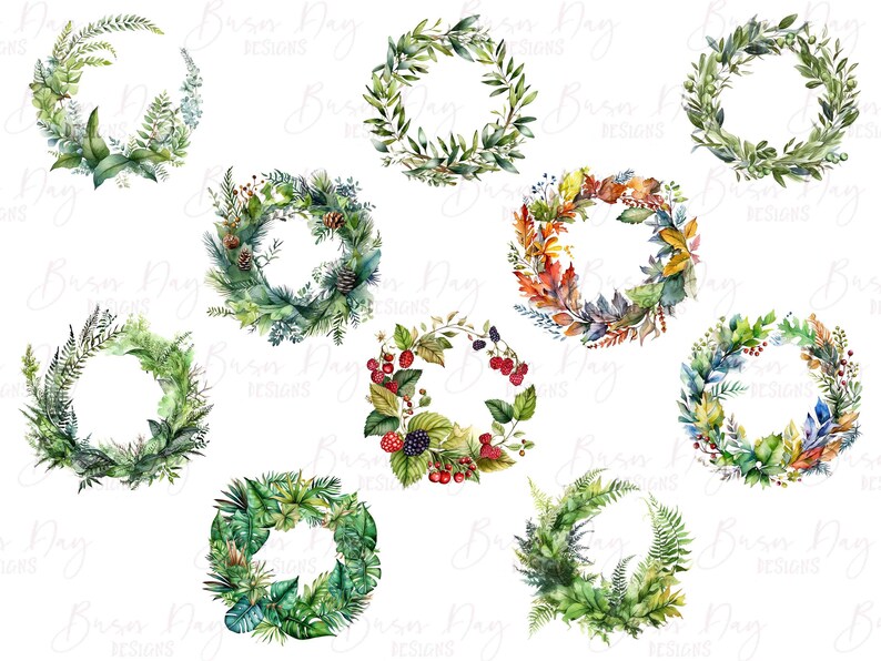 Watercolor Leaf Wreath Clipart Bundle: Floral Design Elements (digital ...